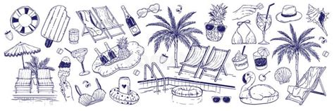 Pool Party Doodle Set Vector Hand Drawn Summer Weekend Line