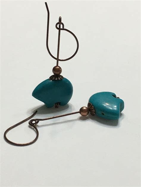 Blue Turquoise Magnesite Stone Bear Copper Tone Dangle Earrings Etsy