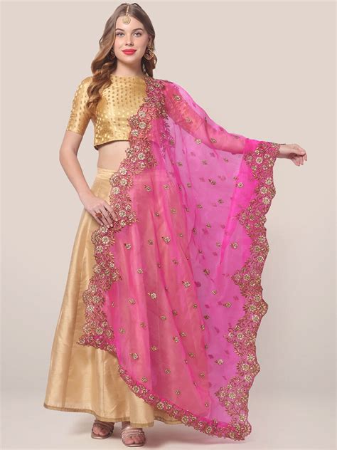 Buy Dupatta Bazaar Pink And Copper Toned Embroidered Organza Dupatta With