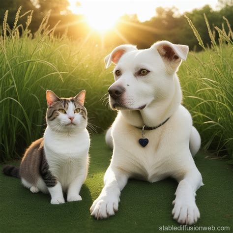 Sunlit Masterpiece with Dog and Cat on Grass | Stable Diffusion Online