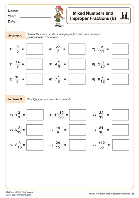 Mixed Numbers And Improper Fractions B Worksheet Pdf Printable