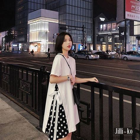 Jilli Ko 假兩件波點底連衣裙 黑白 短袖洋裝 Yahoo奇摩購物中心