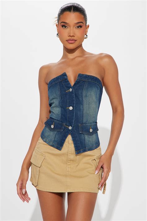On My Way Denim Corset Top Dark Wash Fashion Nova