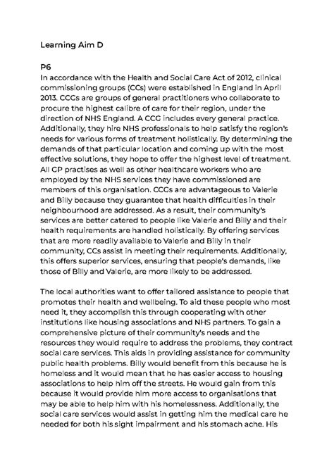 Unit 5 Task 2 Assignment Submission Learning Aim D P In Accordance With The Health And Social