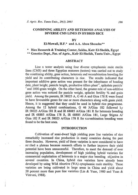 Pdf Combining Ability And Heterosis Analysis Of Diverse Cms Lines In