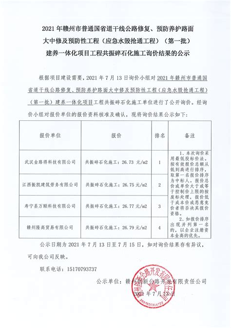2021年赣州市普通国省道路面大中修及预防性工程（第一批）建养一体化项目共振碎石化施工询价结果公示 赣州市创新公路养护有限公司