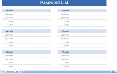 Password List Excel Template For Free