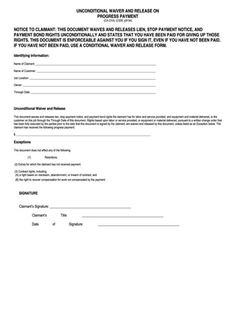 Fillable Unconditional Waiver And Release On Progress Payment Form