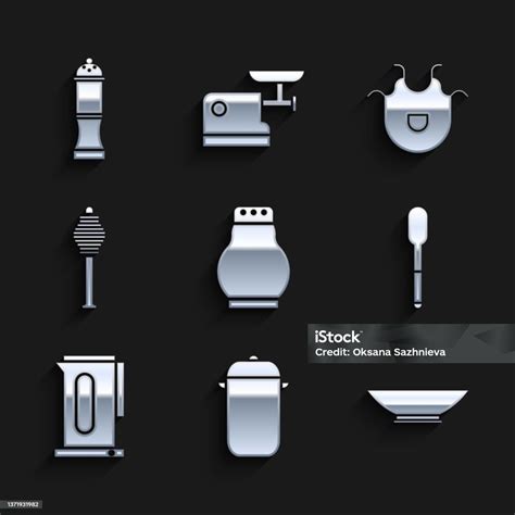 소금과 후추 요리 냄비 그릇 숟가락 손잡이주전자 꿀 디퍼 스틱 주방 앞치마와 후추 아이콘을 설정합니다 벡터 검은색에 대한 스톡 벡터 아트 및 기타 이미지 Istock