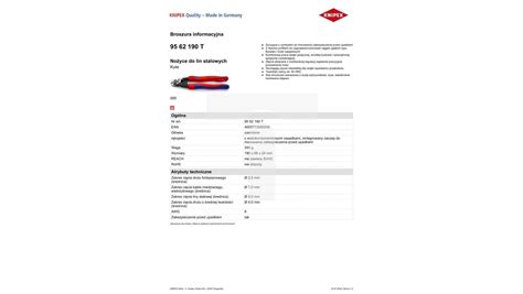 NOŻYCE DO LIN STALOWYCH KUTE 190MM KNIPEX TIM SA