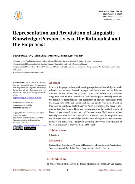 Pdf Representation And Acquisition Of Linguistic Knowledge Perspectives Of The Rationalist
