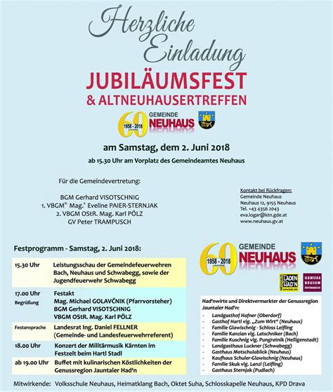 Einladung zum unserem Jubiläumsfest Jahre Gemeinde Neuhaus Altneuhausertreffen Neuhaus