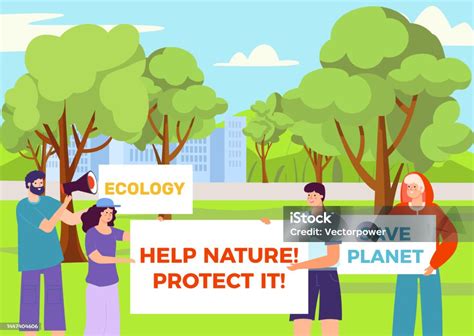 자연 생태학 벡터 일러스트레이션 평평한 사람들 캐릭터가 지구를 구하고 환경 표지판 데모를 보호하는 배너를 들고 항의합니다 개념에