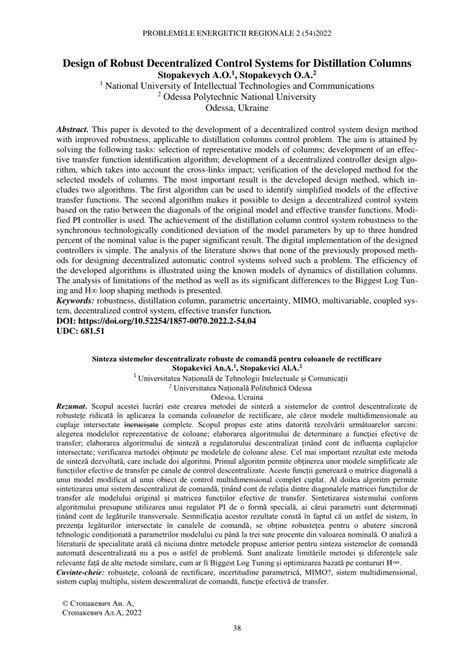 Pdf Design Of Robust Decentralized Control Systems For Distillation Columns