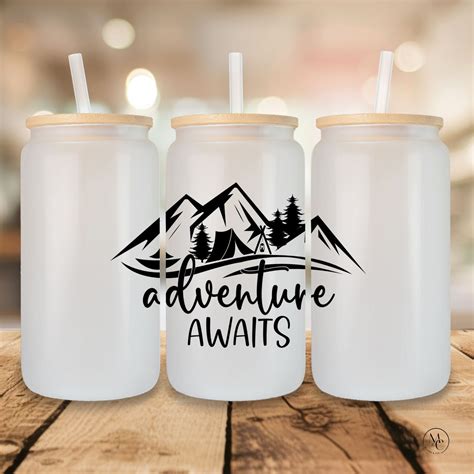 Verre En Verre Givré 16 Oz Avec Couvercle En Bambou Et Paille Adventur