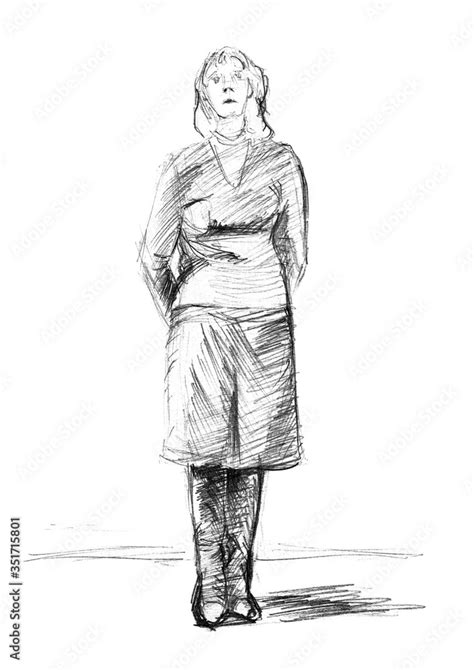 A Rough Sketch Of A Standing Young Woman In Clothes With Hands Behind