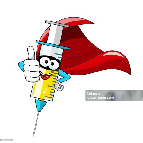 웃는 만화 캐릭터 마스코트 슈퍼 히어로 의료 주사기 백신 엄지 손가락 최대 벡터 일러스트 레이션 고립 유머에 대한 스톡 벡터 아트 및 기타 이미지 Istock