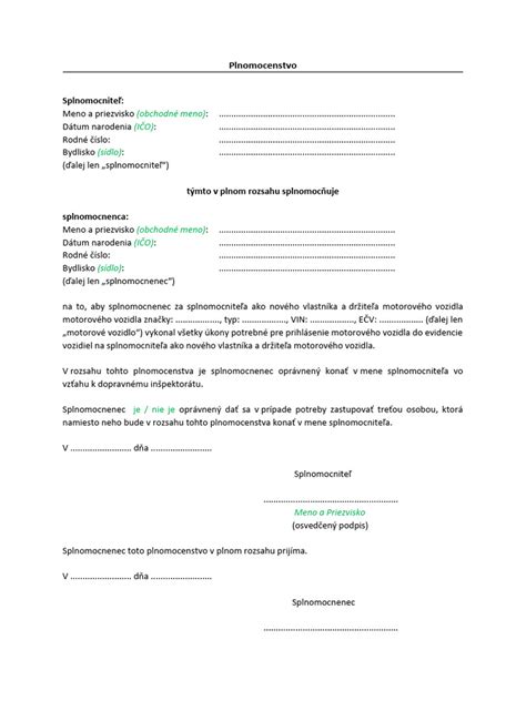 Plnomocenstvo Prihlasenie Vozidla Vzor Pdf