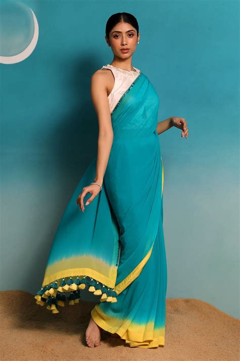 Buy Green Pure Georgette Placement Ombre Border Saree With Unstitched