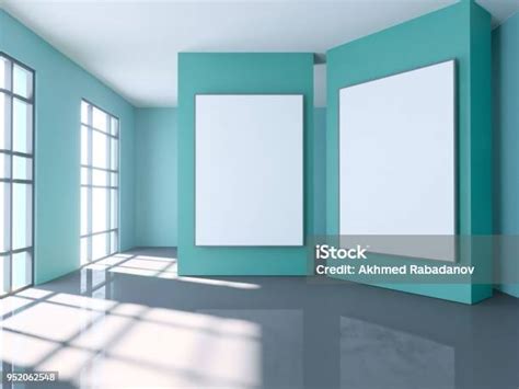 빈 포스터와 밝은 방 갤러리 전시 광고 개념입니다 모의 3d 그림 0명에 대한 스톡 사진 및 기타 이미지 0명 간판 건축