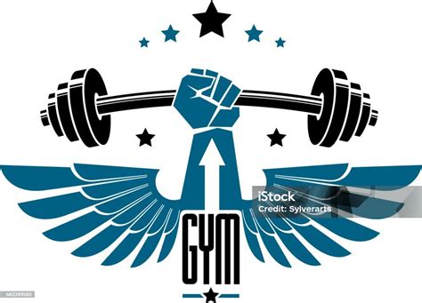 헤비 급 헬스 클럽 이나 피트 니스 스포츠 체육관에 대 한 Symboltype 날개 복고 양식된 벡터 상징 또는 바 벨과 강한