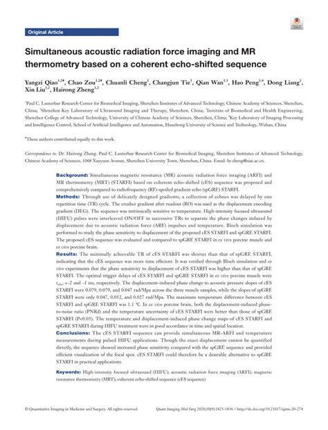 Pdf Simultaneous Acoustic Radiation Force Imaging And Mr Thermometry Based On A Coherent Echo