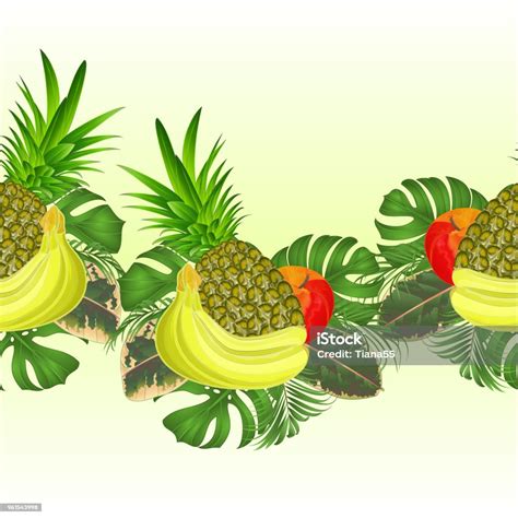 테두리와 열 대 잎 Ficus 팜 Philodendron 원활한 배경 열 대 과일 세트 의류 요리 아트 워크 인테리어 디자인에