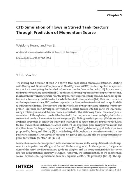Cfd Simulation Of Flows In Stirred Tank Reactors Through Prediction Of Momentum Source Pdf