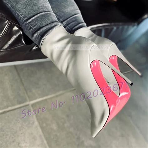 Pink Sole White Ankle Boots Women Pointed Toe Stylish Patent Leather