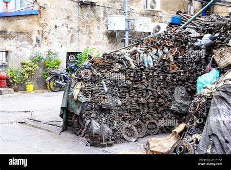 Pile Of Car Spare Parts For Recycle At Recycled Spare Part Shop Stock