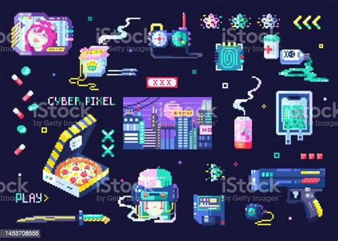 Ilustrații De Stoc Cu Set De Pictograme Cyberpunk 8bit Pixel Art Cyborg