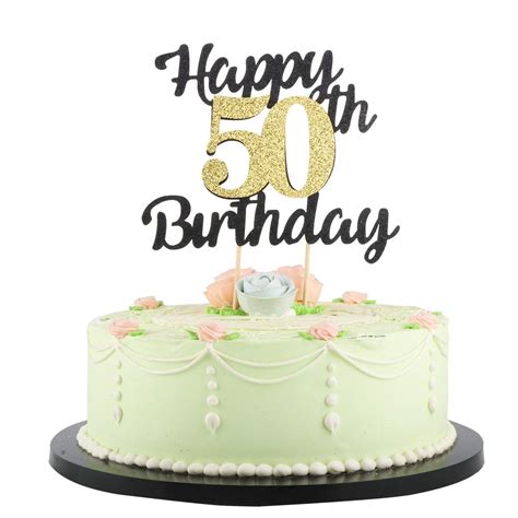 LVEUD Happy Birthday Cake Topper Black Font Golden Numbers 50th