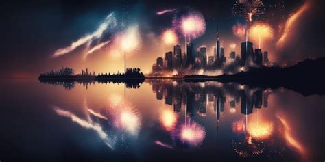 Premium Photo Firework Explode Over City Skyline At Night
