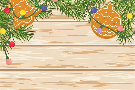 진저 브레드 쿠키 크리스마스 조명이있는 나무 책상에 평평한 배치 구성 복사 공간 크리스마스 인사 장소 0명에 대한 스톡 벡터 아트 및 기타 이미지 Istock