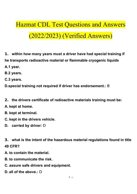Hazmat Cdl Test Questions And Answers Latest [100 Correct Answers