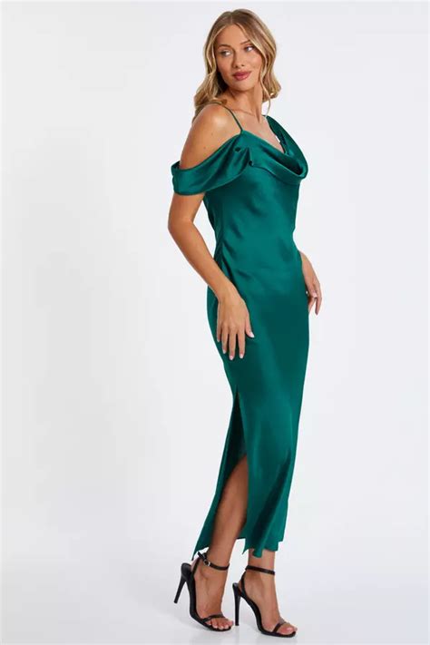 Bottle Green Satin Drop Shoulder Maxi Dress Quiz Clothing
