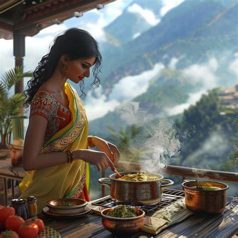 Desi Girl Cooking In Natures Ambiance Premium Ai Generated Image