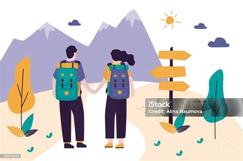 젊은 여자와 남자 커플이 산에서 하이킹을 하고 있습니다 여행에 배낭을 메고 있는 친구들 배경에 자연 풍경 캐릭터 뒷모습 여행