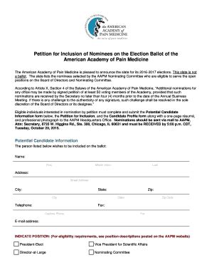 Fillable Online Painmed 2016 Petition For Inclusion Of Nominees Fax