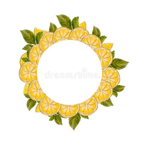 Frame Made Of Yellow Lemons Watercolor Illustration Of Green Leaves