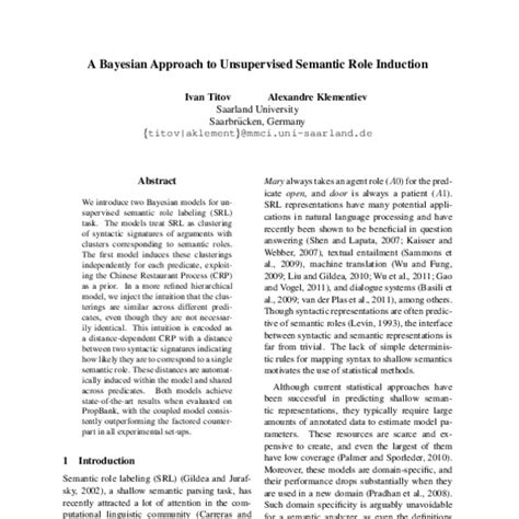 A Bayesian Approach To Unsupervised Semantic Role Induction Acl Anthology