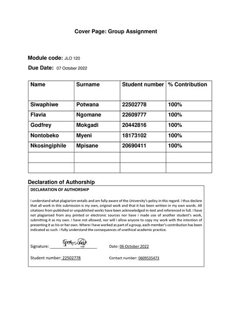 Jlo Assignment Merged Group Assignemnt Cover Page Group Assignment Module Code Jlo 120 Due
