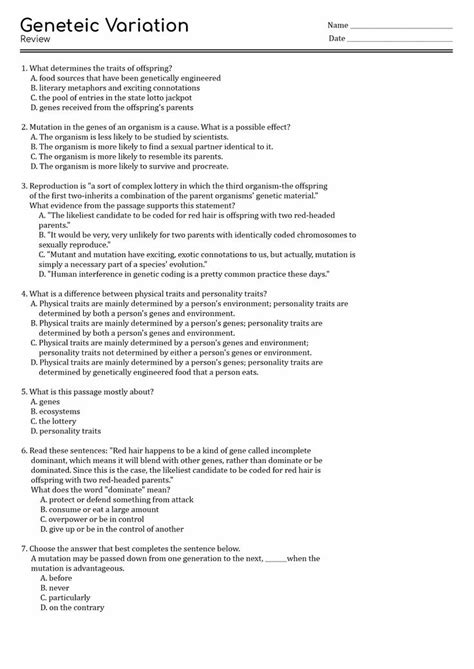 Genetic Variation Worksheet Genetic Variation Biology Worksheet