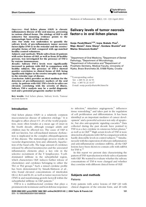Pdf Salivary Levels Of Tumor Necrosis Factor α In Oral Lichen Planus