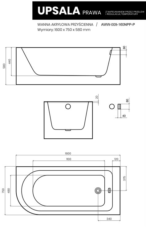 Adnaturalnie Upsala Uni Wanna Z Napełnianiem Przez Przelew Prawa 160x75cm Biała Aww 009 160npp P