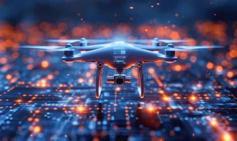High Tech Drone Flying In Digital Network Blue Neon Lights Abstract