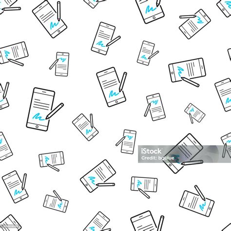 스마트폰의 전자 서명 원활한 패턴 흰색 배경에 선 아이콘 Brand Name Smart Phone에 대한 스톡 벡터 아트 및