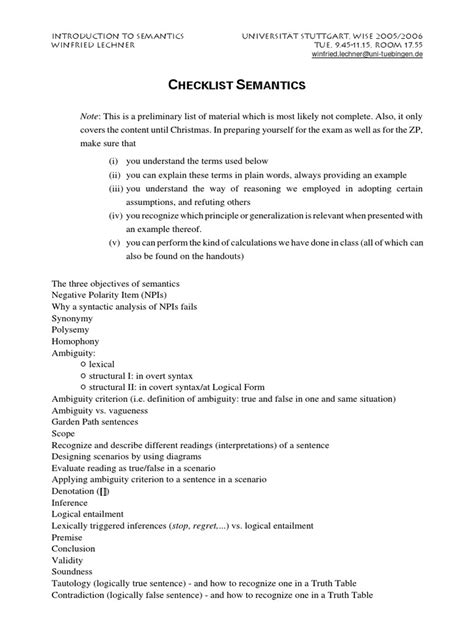 Checklist Semantics Pdf Interpretation Logic Logic