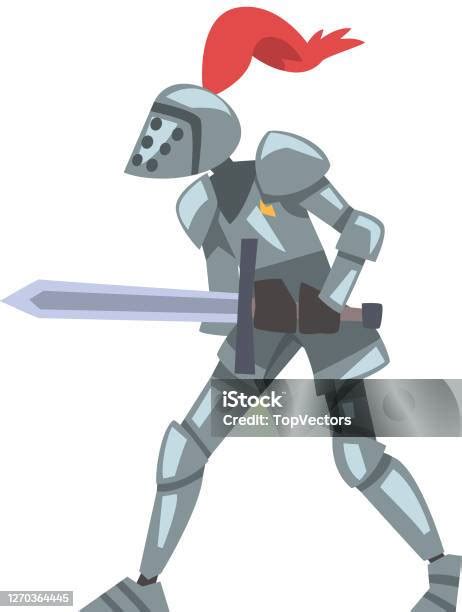 중세 기사 전체 금속 몸 갑옷 싸움 칼 만화 스타일 벡터 일러스트에서 기병 전사 캐릭터 강철에 대한 스톡 벡터 아트 및 기타 이미지 강철 검 경쟁 Istock