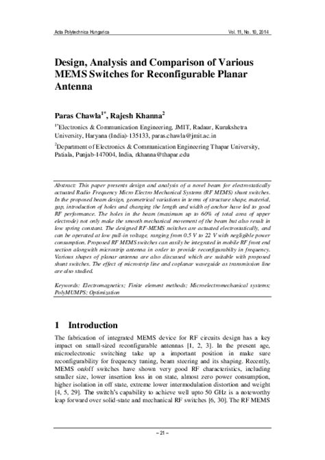 Pdf Design Analysis And Comparison Of Various Mems Switches For Reconfigurable Planar Antenna